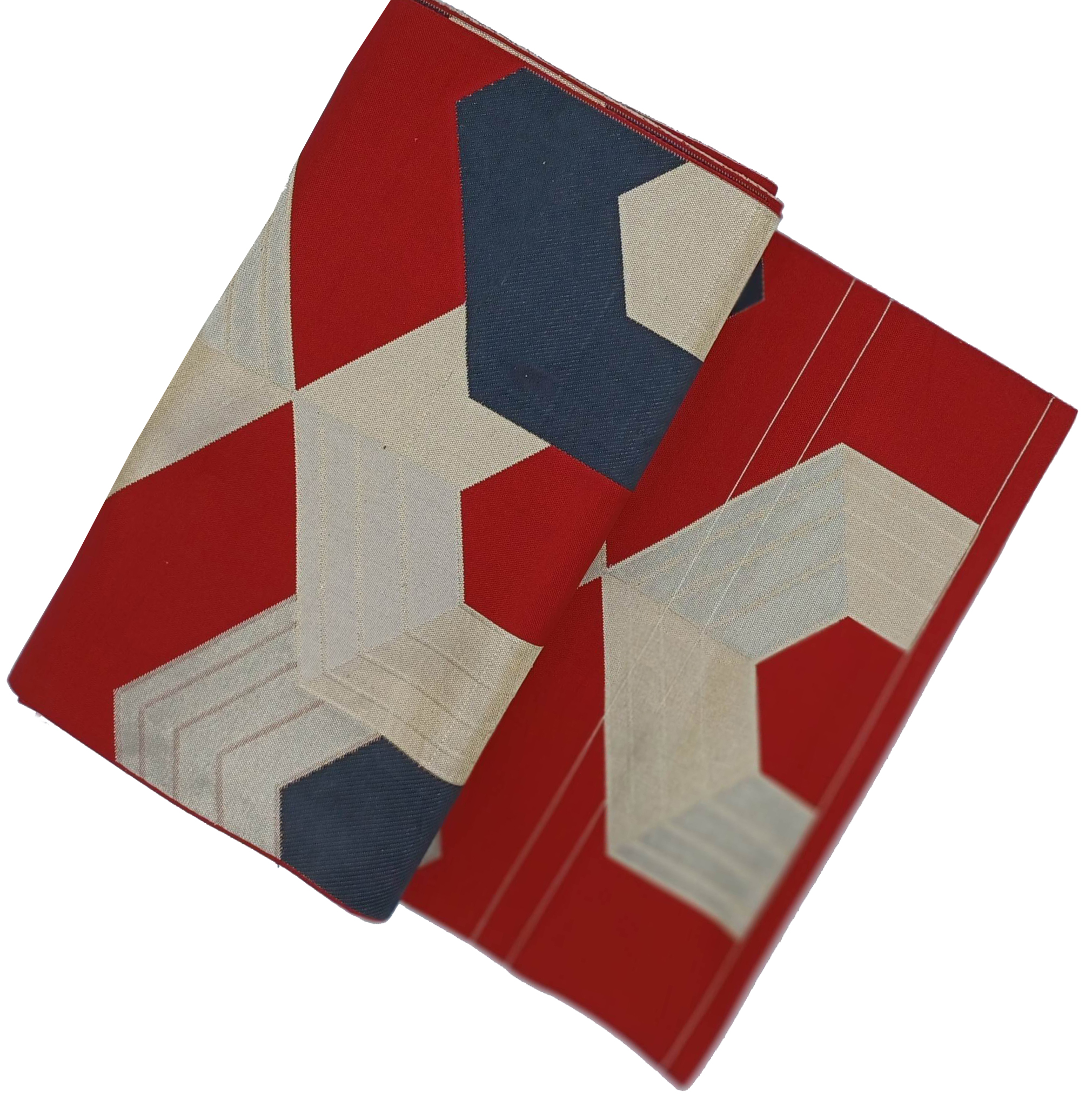 Red with a Metallic Hexagons and Denim Indigo Highlights Nagoya Obi ...