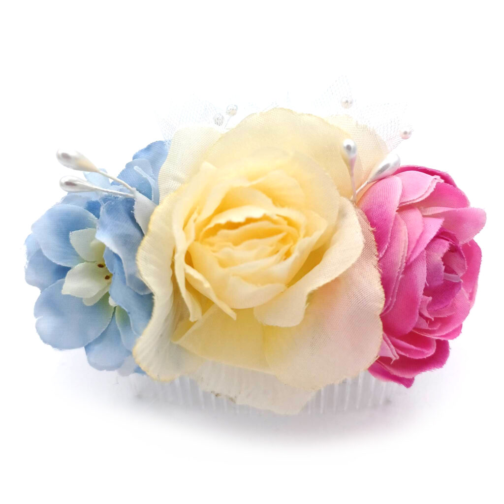 Silk Flower Hair Comb with Pink Cabbage Rose and Blue and Buttercream ...